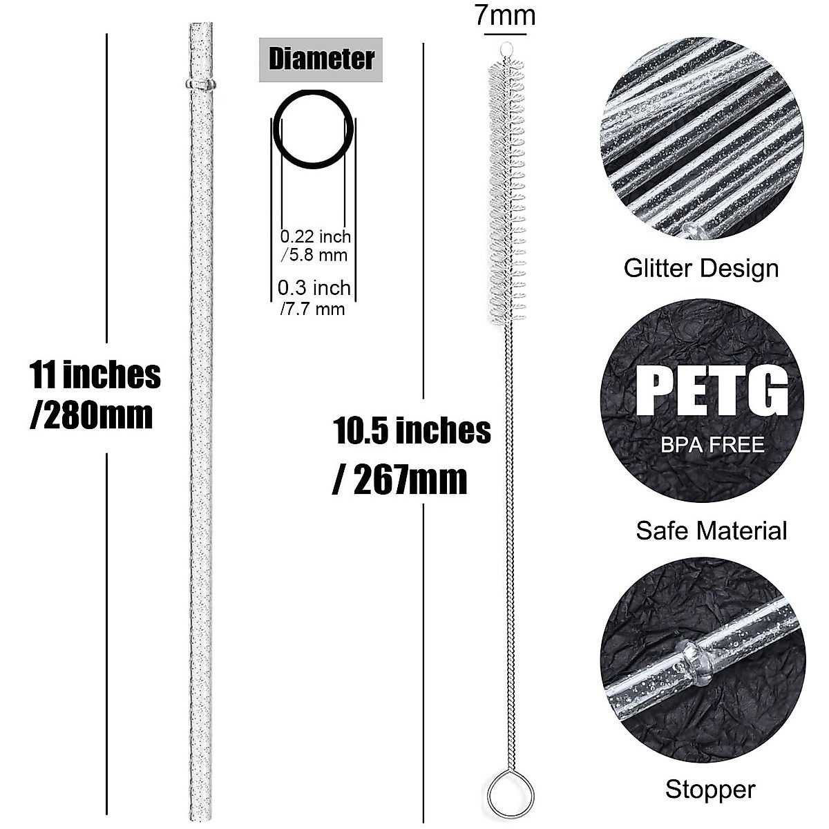 ALINK 12-Pack Reusable Clear Plastic Glitter Straws, 11" Long Hard Tumbler Replacement Straws for 20 OZ 30 OZ Stanley, Yeti/Rtic, Mason Jars with Cleaning Brush