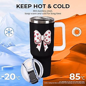 Valentines Day Heart Bow Insulated Tumblers with Handle Stainless Steel Coffee Mug Funny Travel Cup with Lid Straw 40oz