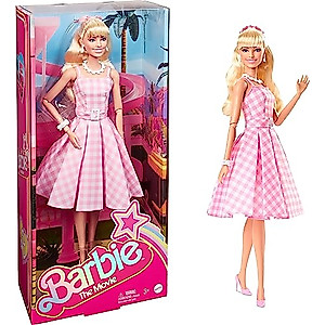 Barbie The Movie Doll, Margot Robbie as Barbie, Collectible Doll Wearing Pink and White Gingham Dress with Daisy Chain Necklace for 6 years and up