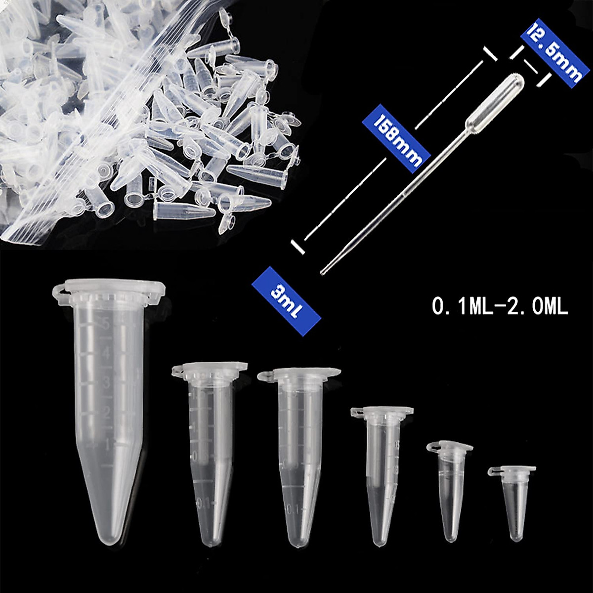 HJYZY 200pcs 0.2/0.5/1.5ML Clear Plastic Graduated Microcentrifuge Test Tubes with Attached Lid 3ml Calibrated Pipette Dropper Plastic Disposable Transfer Pipettes