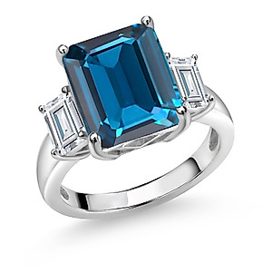 Gem Stone King 925 Sterling Silver Emerald Cut London Blue Topaz and White Moissanite 3 Stone Ring For Women (8.64 Cttw, Gemstone Birthstone, Available In Size 5, 6, 7, 8, 9)
