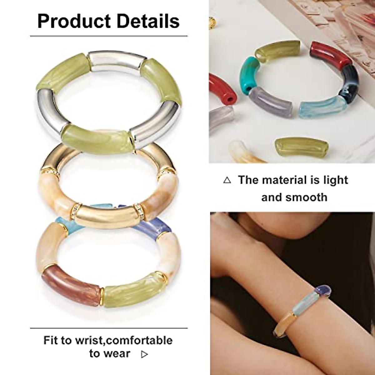 Boutigem 120pcs Chunky Curved Tube Acrylic Beads Imitation Gemstone Loose CCB Plastic Beads Rhinestone Spacer Beads Elastic Thread DIY Stacking Stretch Bracelet Bangle Making Kit