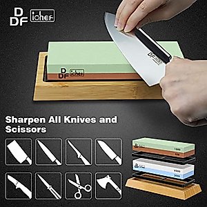 DDF iohEF Whetstone Sharpening Stone Kit 4 Side Grit 400/1000 3000/8000 Wet Stone Knife Sharpeners Set with Axe Sharpening, Angle Guide, Flattening Stone, Leather Strop, Non-Slip Bamboo Base