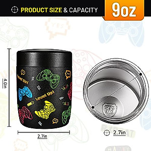 Charcy 9 Ounce Stainless Steel Vacuum Insulated Kids Food Jar - Soup Thermos for Hot & Cold Food - Black Video Game