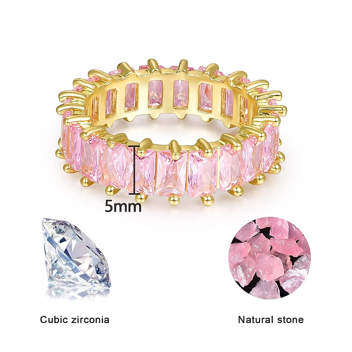 Eternity Pink Ring 14K Gold Plated Emerald Cut Cubic Zirconia Rings Eternity Bands Ring for Women (6, 14K Gold)