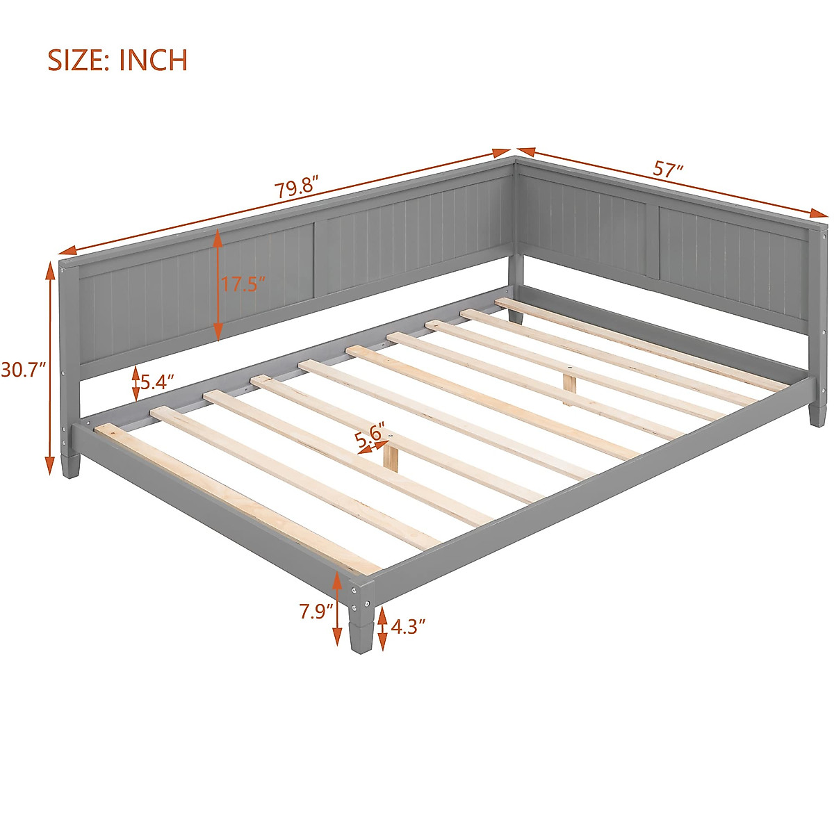 Full Size Daybed, Wood Full Low Bed Frame with Headboard and Sideboard, Wooden Floor Sofa Bed with Slats Support for Kids Room, Bedroom, Living Room, Gray