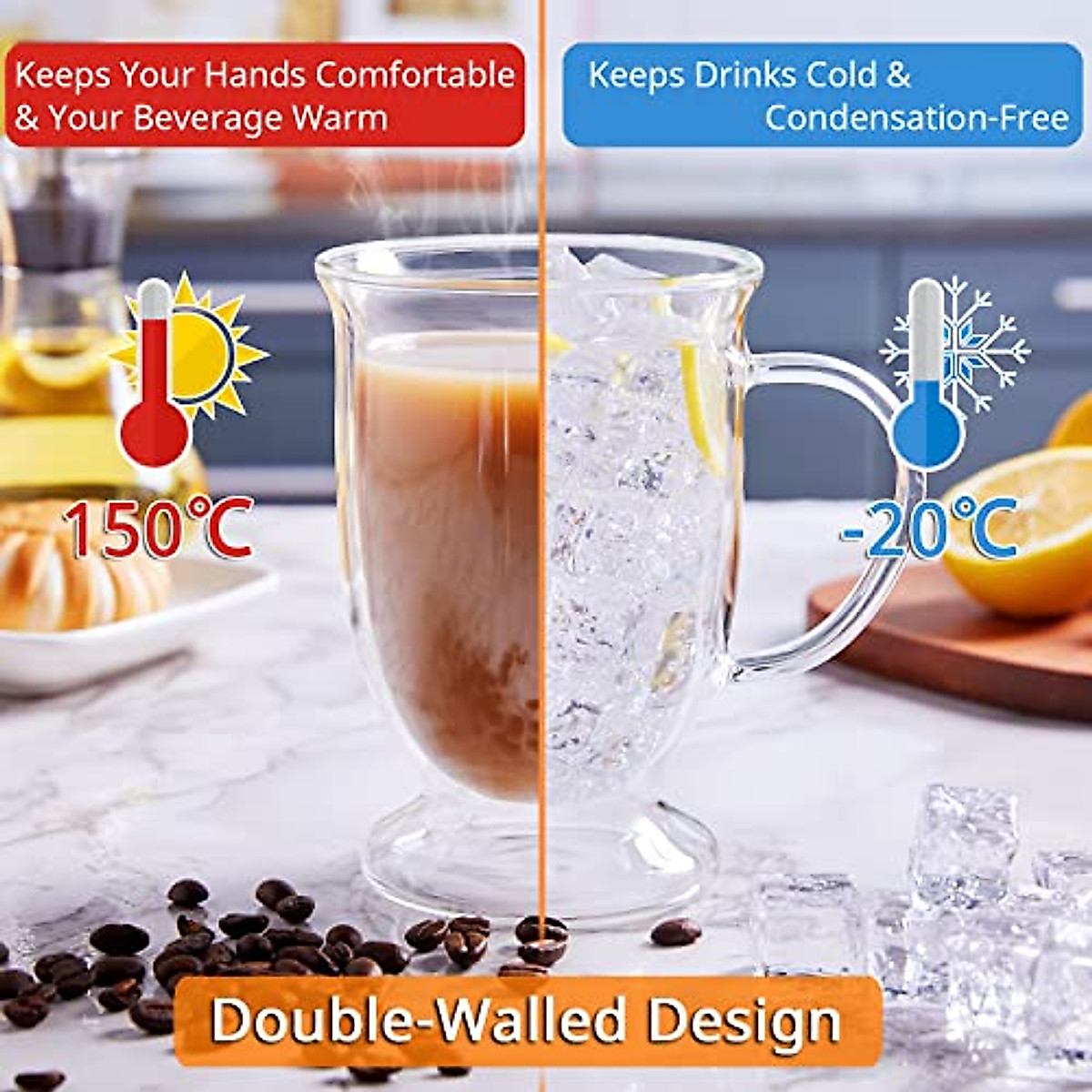 Bivvclaz 2-Pack 16 oz Double Wall Glass Coffee Mugs, Large Insulated Coffee Cups, Clear Borosilicate Glass Mugs, Perfect for Cappuccino, Tea, Latte, Americano, Hot Beverage, Microwave Safe