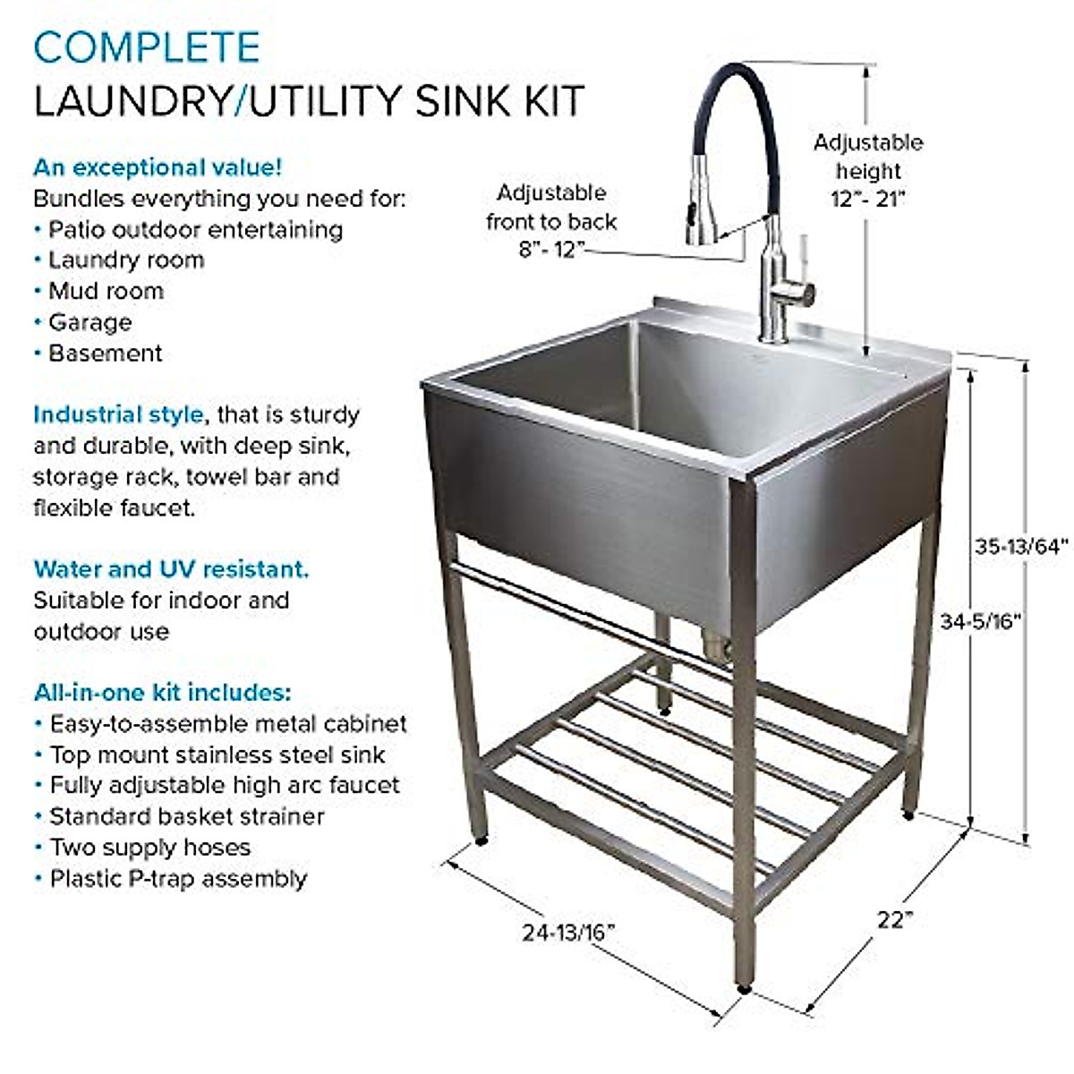 Transolid TFH-2522-SS 25 in. x 22 in. x 34.3 in. Stainless Steel Laundry Sink with Wash Stand in Brushed Satin