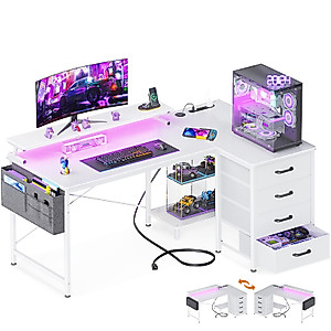 ODK 48-Inch L Shaped Gaming Desk with LED Lights & USB Power Outlets, Reversible Computer Desk with 4 Drawers, Corner Gamer Desk with CPU Shelf & Monitor Stand, Gaming Table for Bedroom, White