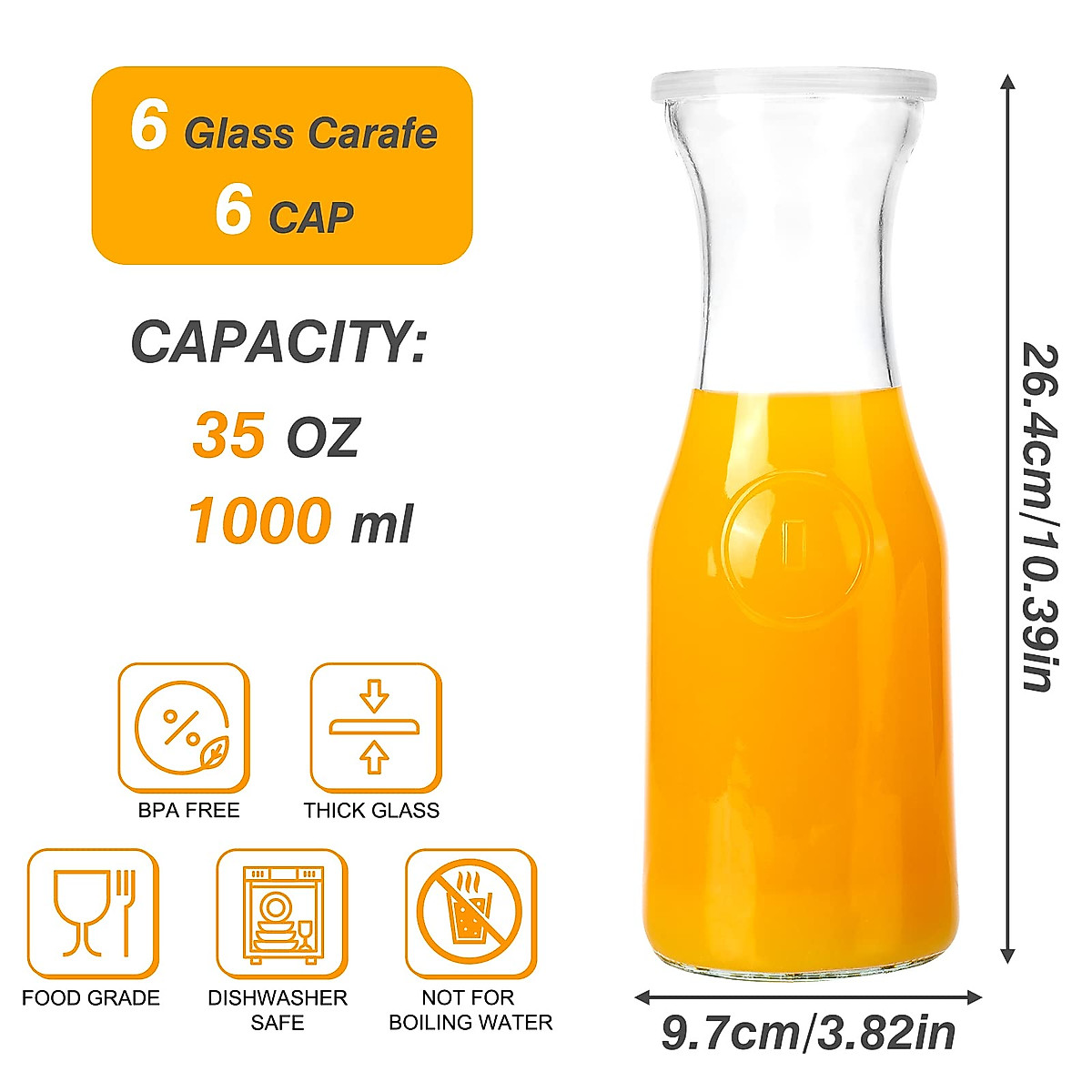 CUCUMI 6pcs 35oz Glass Carafe with Lids, Glass Juice Carafe Set for Mimosa Bar, Bubbly Bar, Brunch, Iced Tea, Parties Banquets