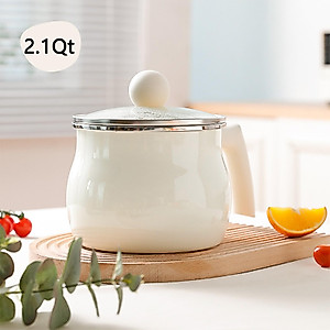 Enamel Milk Pan with Lid,2.1 Quarts Saucepan Butter Warmer with Effortless Handle, Healthy Soup Pot Cookware (White)