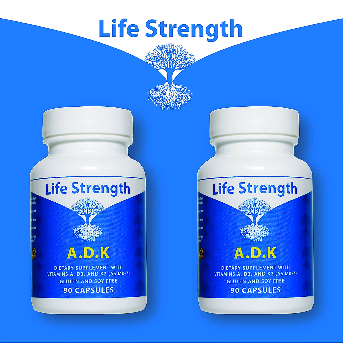 Life Strength ADK Supplement (90 CT) - Physician Formulated Vitamins A1, D3 & K2 (as MK7) for Bone Health - Immune System Support - Gluten Free, Soy Free, Non-GMO - Pack of 2