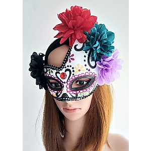 Coolwife Women's Masquerade Mask Mexican Day of The Dead Sugar Skull Eyemask Masque Fancy Dress (Purple/White/Black)