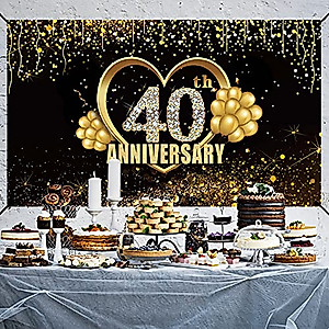 Happy 40th Anniversary Banner Backdrop Decorations, Large 40 Wedding Anniversary Background Sign Decor, Black Gold 40 Year Anniversary Photography Photo Props Party Supplies