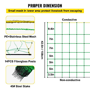 VEVOR Electric Fence Netting, 42.5" H x 164' L, PE Net Fencing with 14 Posts Double Spiked, Utility Portable Mesh for Goats, Sheep, Lambs, Deer, Hogs, Dogs, Used in Backyards, Farms and Ranches, Green