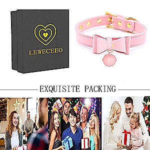 LEWECEEO PU Leather Bow Collar Necklace Choker with Bell Cat Cosplay Kitty Necklace Choker Collar for Women