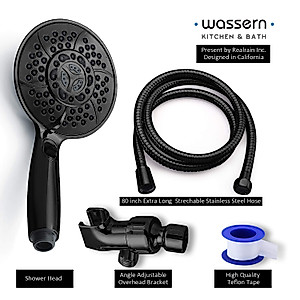 Handheld Shower Head, WASSERN High Pressure 6 Setting Rainfall Massage Water Saving Trickle Pause Extra Long 80'' Stainless Steel Hose Adjustable Bracket Brass Ball Joint 5.2'' Matte Black