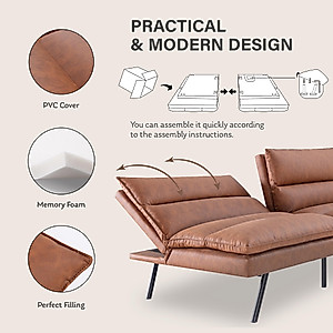 Futon Sofa Bed, Memory Foam Futon Couch with Adjustable Backrest, Multi-Functional Design Convertible Sofa Bed, Space-Saving Sleeper Sofa for Living Room(Brown-PU)