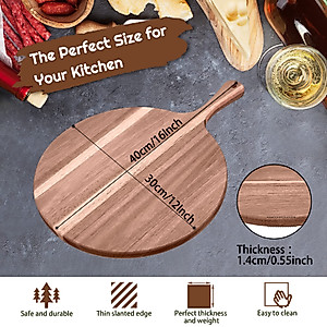 2 Pieces Acacia Wood Round Charcuterie Board 12'' Cutting Board Wooden Pizza Peel Cheese Paddle with Handle for Home Baking, Cheese, Fruits, Vegetables, Bread, Charcuterie Serving,16 x 12 x 0.6 Inch