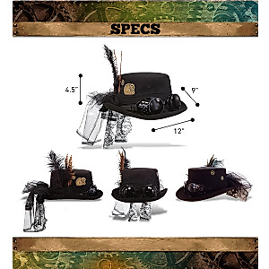 Attitude Studio Fedora Steampunk Hat with Goggles, Feathers, and Gears - Black