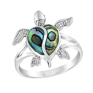 AeraVida Ocean Love Sea Turtle with Heart Shaped Shell & Abalone Seashell Inlays in Sterling Silver Ring Sizes 7-9 for Beach Inspired Style with Tendy Surfer Vibes