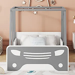 HomSof Twin Size Car-Shaped Bed with Roof,Wooden Twin Floor Bed with Wheels and Door Design,Montessori Inspired Bedroom,Grey