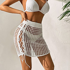 ZAFUL Women's Elastic Waist Tassel Sheer Beach Swimwear Bikini Sets Cover Ups Mini Skirt White S