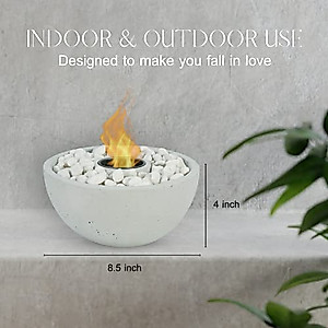 Concrete Tabletop Fire Pit - Smokeless & Odorless Round Ethanol Tabletop Fire Pit - Portable Outdoor & Indoor Smores Fire Pit - Mini Fireplace with Decorative Rocks - Bi Ethanol Fuel