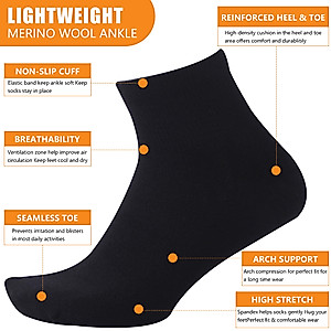 RZTT 90% Merino Wool Socks for Men, Ankle Low Cut socks Lightweight Breathable Athletic Socks Women with Arch Support,3 Pairs,Large,Black