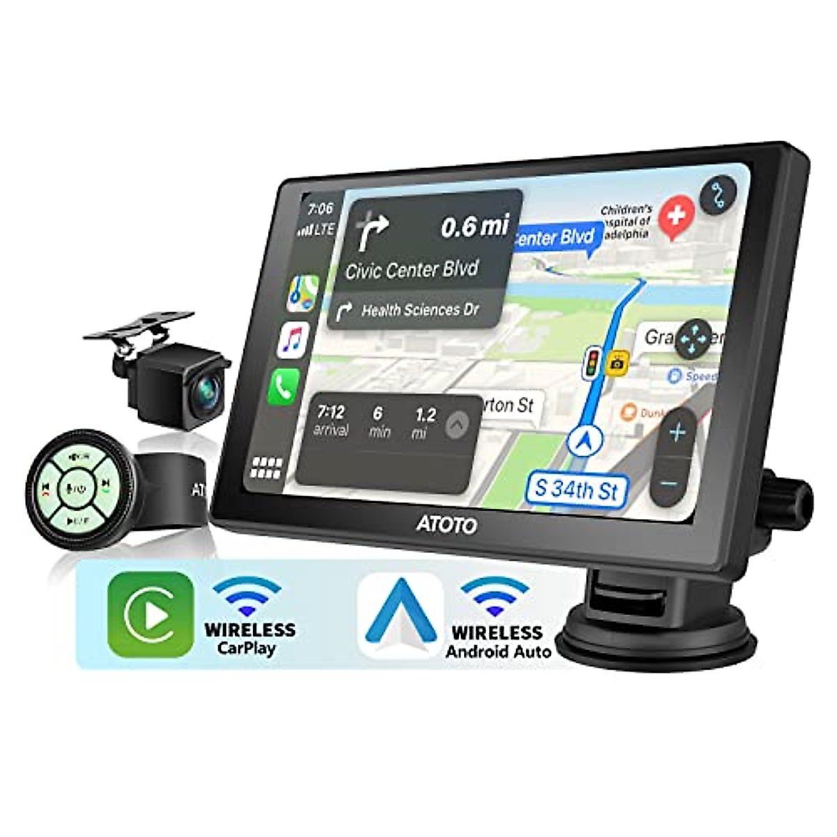 ATOTO P8 Portable 7'' QLED Display Car Radio, with HD 1080P Rear DVR Cam, On-Dash Camera Input, Wireless Carplay & Wireless Android Auto, Remote Control, WDR & Auto Dimmer, AUX/FM Output, P807SD-RC
