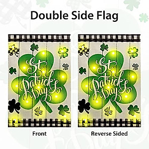 St Patricks Day Lighted Garden Flag 12x18 Double Sided Buffalo Check Plaid Durable Burlap Shamrock Garden Flag with Led Lights for Lawn Party St Patricks Day Outdoor Decorations (Style 1)