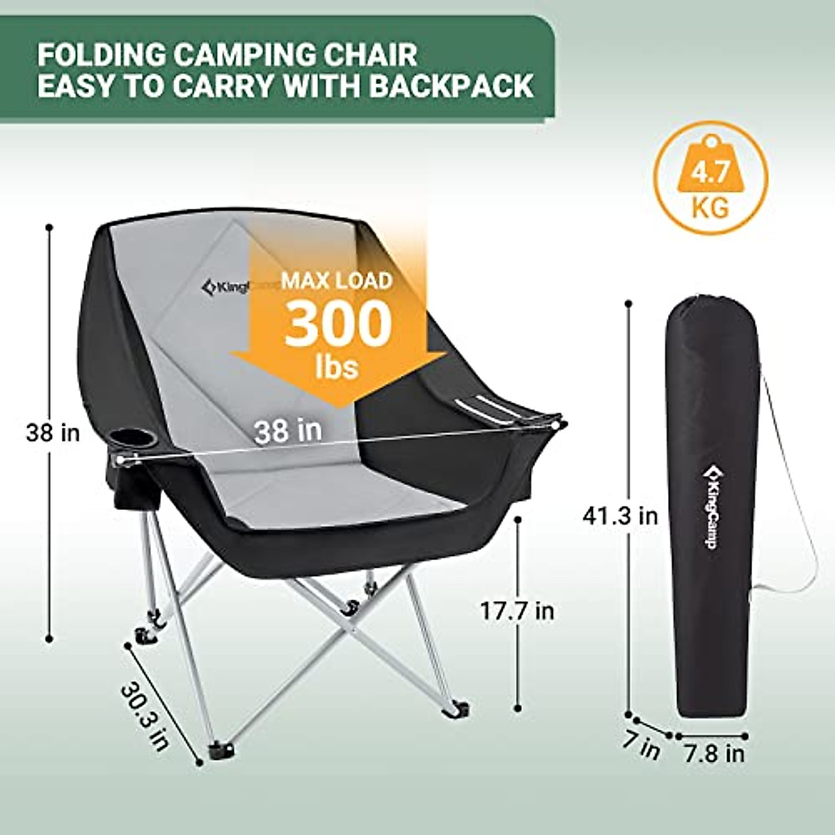 KingCamp Oversize Camping Folding Padded Seat with Cooler Bag and Armrest Cup Holder, Black&Dark Gray, Sofa Chair - Black