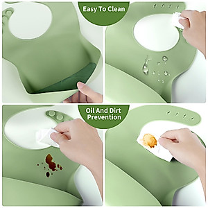 Silicone Baby Feeding Set with BPA-Free Suction Plates, Bowl, Silicone Bibs, Sippy Cup, 2 Set Forks and Spoons for Babies 8PCS Baby Led Weaning Supplies Self Feeding Utensils for Toddlers Kids (Green)