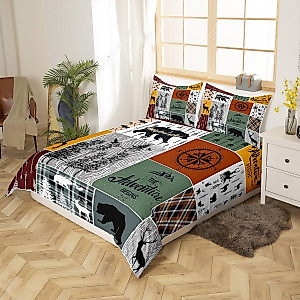 Cabin Retro Rustic Lodge Duvet Cover, Bear Deer Country Bedding Set Twin, Hunting Wild Animal Comforter Cover Plaid Check Adventure Themed Quilt Cover For Kids Boys Teens Adult Men Bedroom Decor