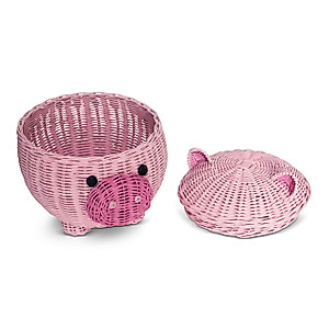G6 COLLECTION Pig Rattan Storage Basket with Lid Decorative Bin Home Decor Hand Woven Shelf Organizer Cute Handmade Handcrafted Nursery Gift Animal Decoration Artwork Wicker Pink Piggy (Large)