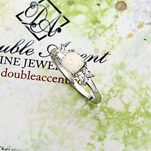 Double Accent Sterling Silver Square Simulated White Opal Princess CZ Three Stone Anniversary Ring 7mm (Size 4 to 10), 6