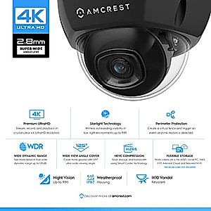 Amcrest UltraHD 4K (8MP) Outdoor Security POE IP Dome Camera, 98ft NightVision, 2.8mm Lens, IP67 Weatherproof, IK10 Vandal Resistant Dome, 256GB MicroSD Recording, Black (IP8M-2493EB-V2)