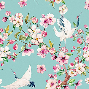 Floral Wallpaper Vintage 24”x118” Pink Cherry Blossom Floral Peel and Stick Wallpaper Self Adhesive Blue Colorful Floral Contact Paper for Cabinets Shelves Bedroom Crane Birds Flower Wallpaper