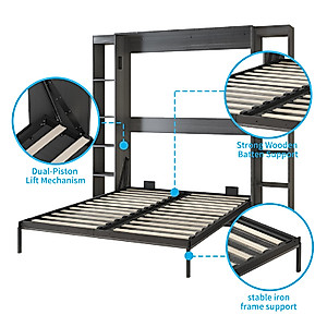 Mjkone Murphy Bed with 2 Side Cabinet, Folding Wall Bed for Bedroom, Fold Up Murphy Bed Cabinet, Queen Murphy Chest Bed Can Be Folded into a Cabinet, Storage Bed (Dark Grey, Style 1)