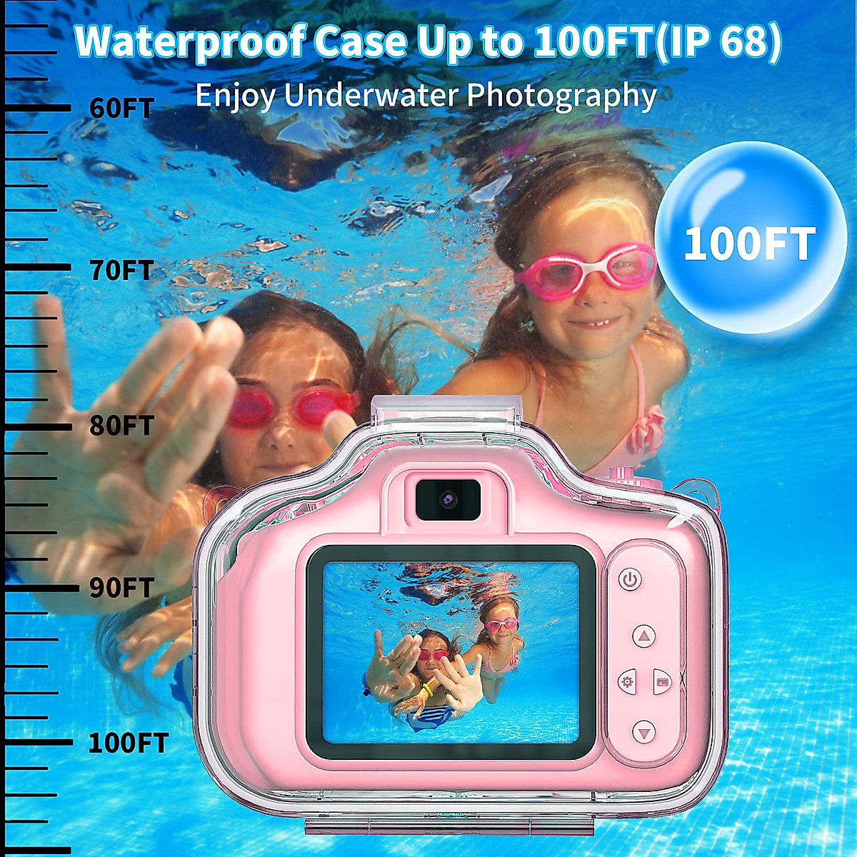 OZMI Kids Waterproof Selfie Camera for Girls, Christmas Birthday Gift for Girls 3 4 5 6 7 8 9 Years Old, Toddler Underwater Sports Camera HD Children Digital Camera 2 Inch Screen with 32GB Card, Pink