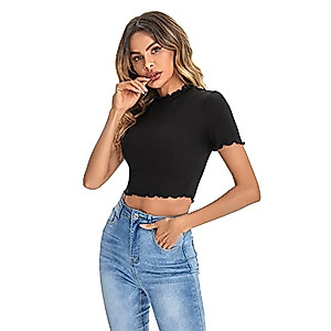 SweatyRocks Women's Lettuce Trim Ribbed Knit Short Sleeve Crop Top T-Shirt Black S