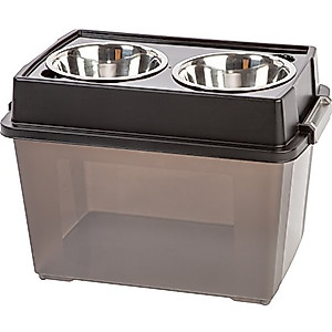 IRIS USA 47Lb / 45QT Large Elevated Feeder with WeatherPro Airtight Pet Food Storage Container, Dry Food Bin with Removable Stainless Steel Bowls Large Dog At Home Camping Roadtrip , Smoke