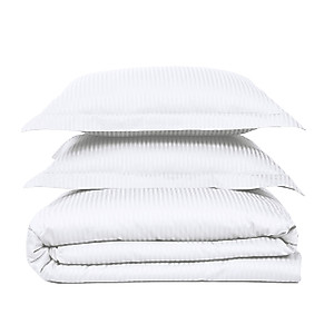Feather & Stitch Queen Size Duvet Cover Set, 500 Thread Count Damask Stripe 3 Piece Full Size Duvet Insert Cover Set, 100% Pure Cotton Comforter Cover, 2 Pillow Shams, Zipper Closure - White