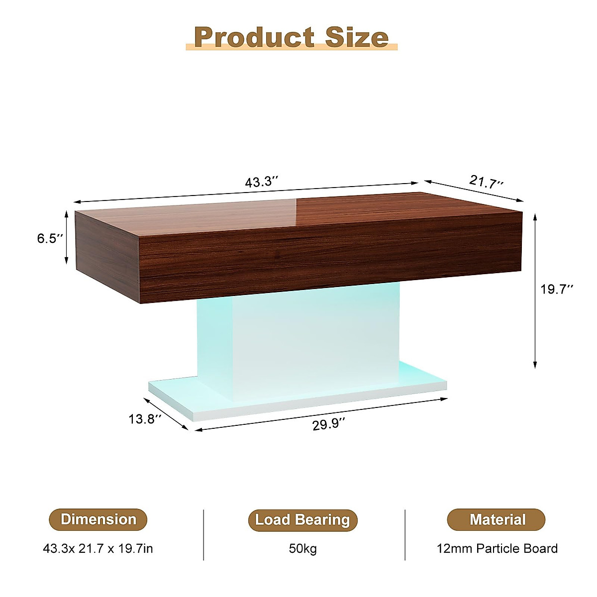 LED Coffee Table for Living Room, Modern High Glossy Coffee Table with 16 Colors LED Lights, Smart Cocktail Table Rectangle, Wooden Living Room Table (Natural)