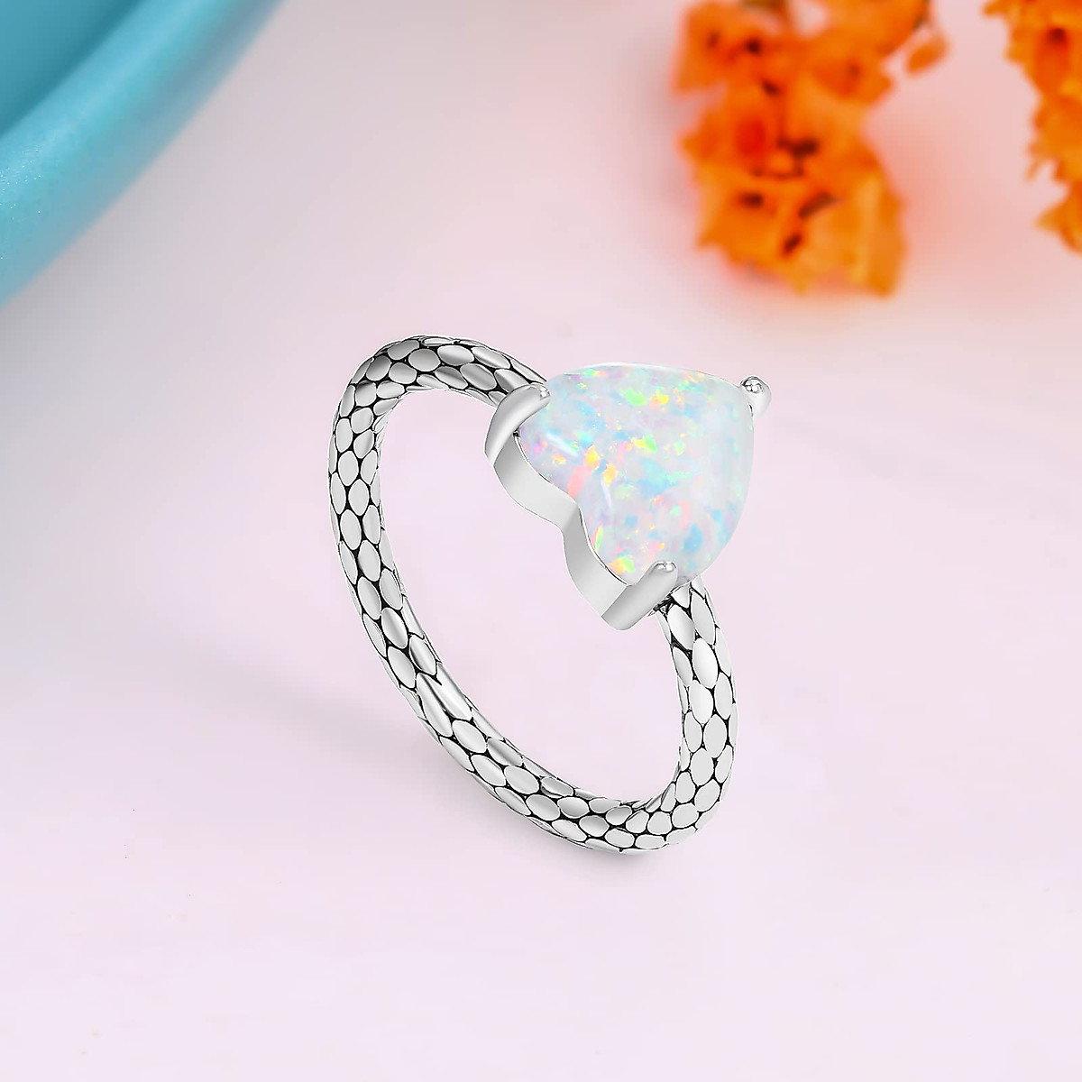 JIANGYUE Opal Ring Heart Promise Rings for Her with Snake Pattern White Fire Opal Rings Jewelry for Women Ring Size 8
