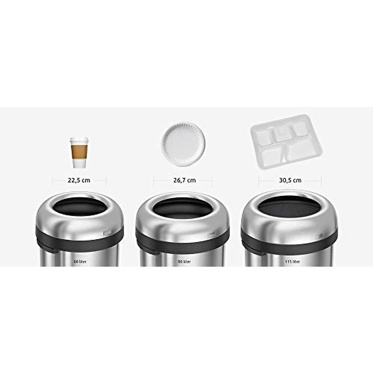 simplehuman 115 Liter / 30 Gallon Bullet Open Top Trash Can Commercial Grade, Heavy Gauge Brushed & 50 Liter / 13.2 Gallon Slim Open Top Trash Can, Commercial Grade Heavy Gauge Brushed Stainless Steel