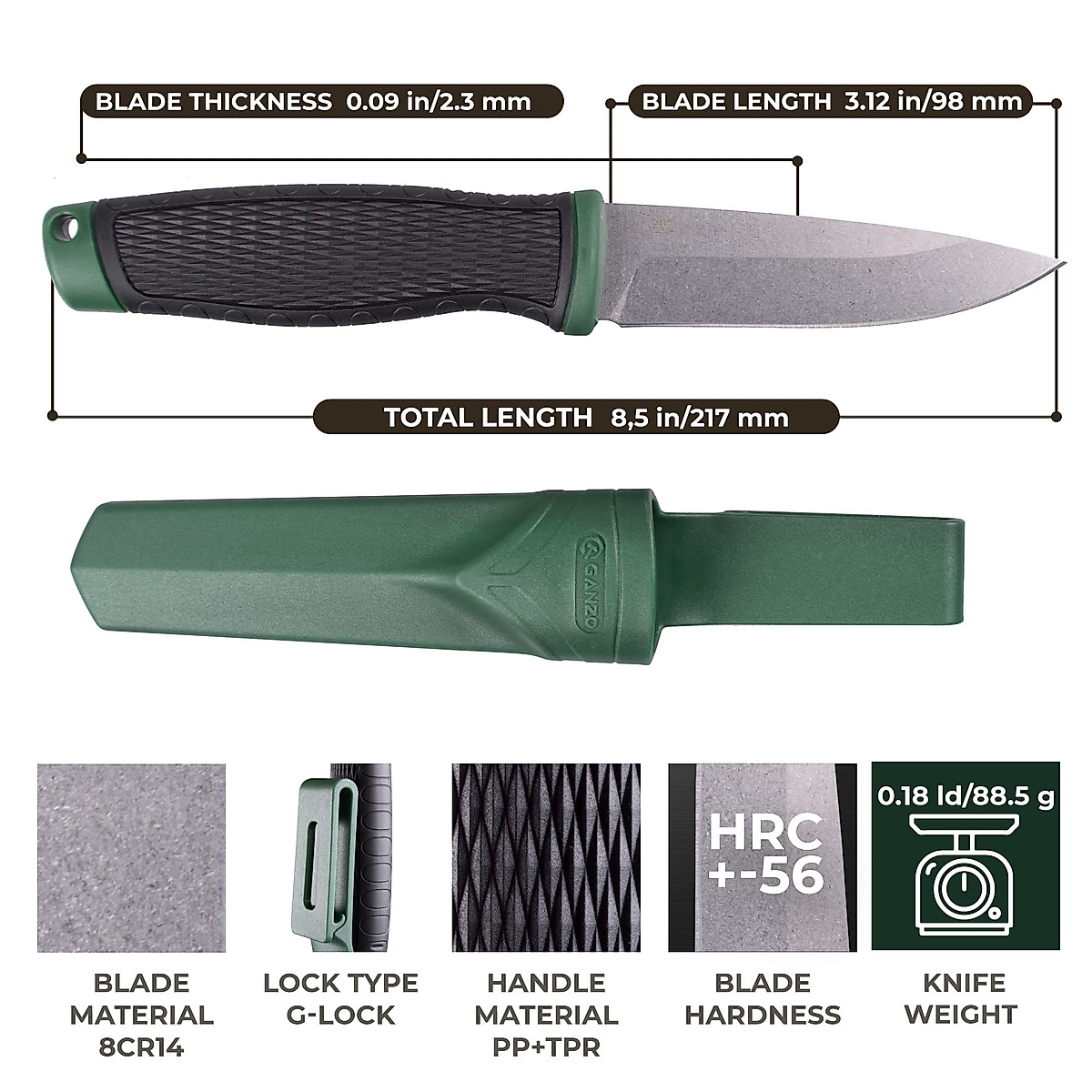 Ganzo G806-GB Fixed Blade Knife 8CR14 Stainless Steel Blade Camping Hunting Fishing Outdoor EDC Knife with Scabbard (Green)
