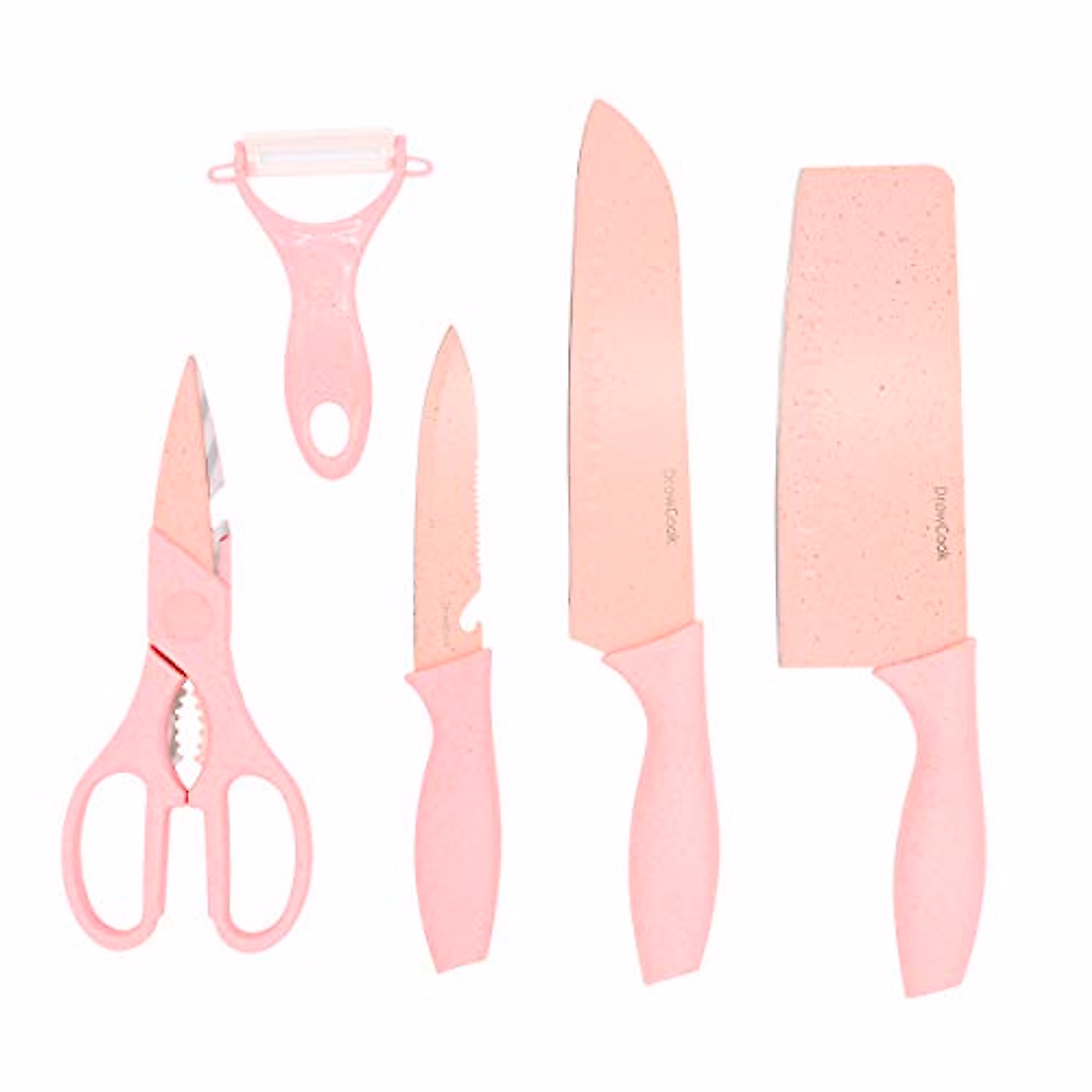 Kitchen Knife Set Pink - 5 Piece Cooking Knives, Non-Stick and Sharp Chef Knife Sets for Kitchen Cutting Meat, Scissors and Ceramic Peeler for Slicing, Paring Fruits and Vegetables