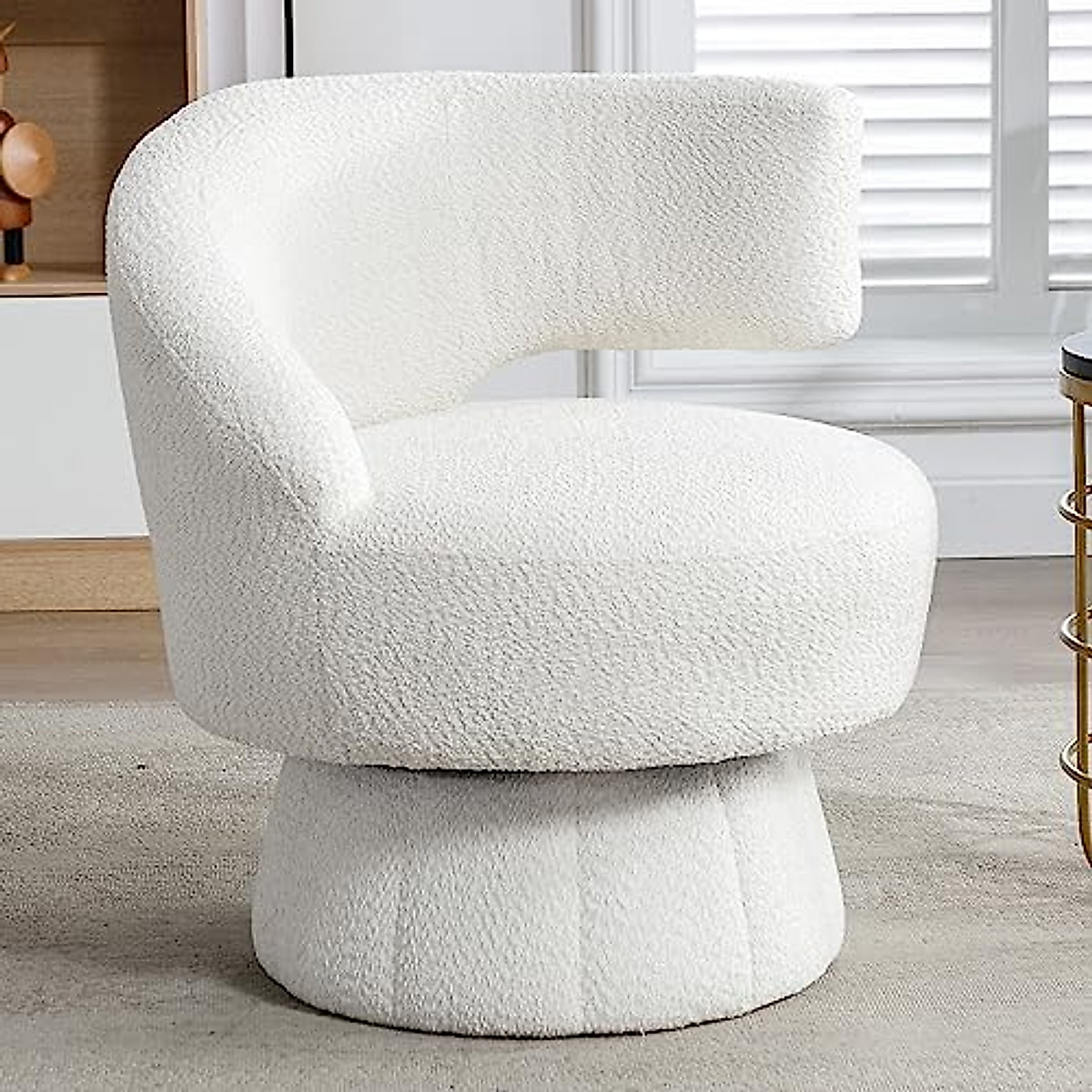 Tabaray Round Swivel Chair,Modern Accent Chair,Comfy Barrel Chair,Fuzzy Teddy Upholstered Armchair for Living Room,Bedroom,Office,Waiting Room (White)