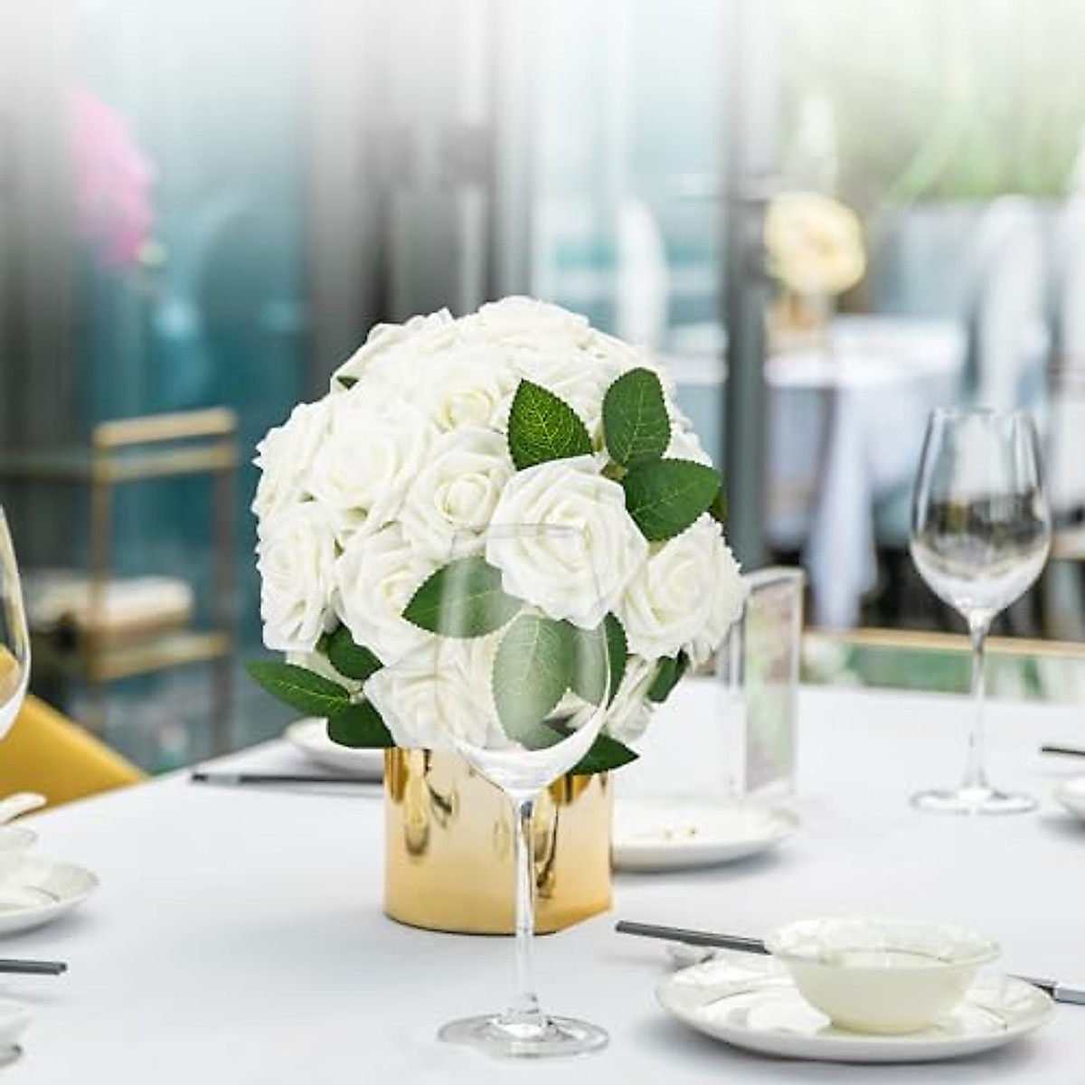 MEOKEY 25pcs Artificial Rose Flowers, Ivory Foam Fake Roses with Stems for DIY Wedding Bouquets White Bridal Shower Centerpieces Arrangements Party Tables Decorations